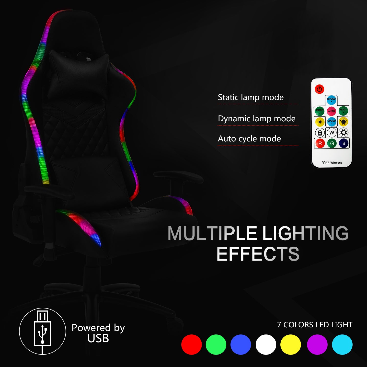 Racing RGB LED Light Gaming Chair Ergonomic Swivel Office Computer Sea ...
